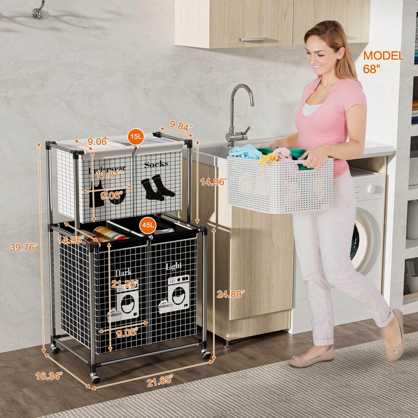 TENNTOU Heavy Duty Laundry Sorter, 4 Sections Laundry Hamper with Lockable Wheels, Rolling Laundry Basket Organizer with Large Capacity and 4 Removable Bags, in Laundry Room, Bathroom, Closet