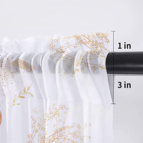 Chiffon Window Valance Kitchen Curtains Fall Thanksgiving Pumpkin White,Rod Pocket Tier Curtain Light Filter Panel,Farmhouse Gold Foil Botanical Windows Valances Drapes for Bedroom,Bathroom 54x18In