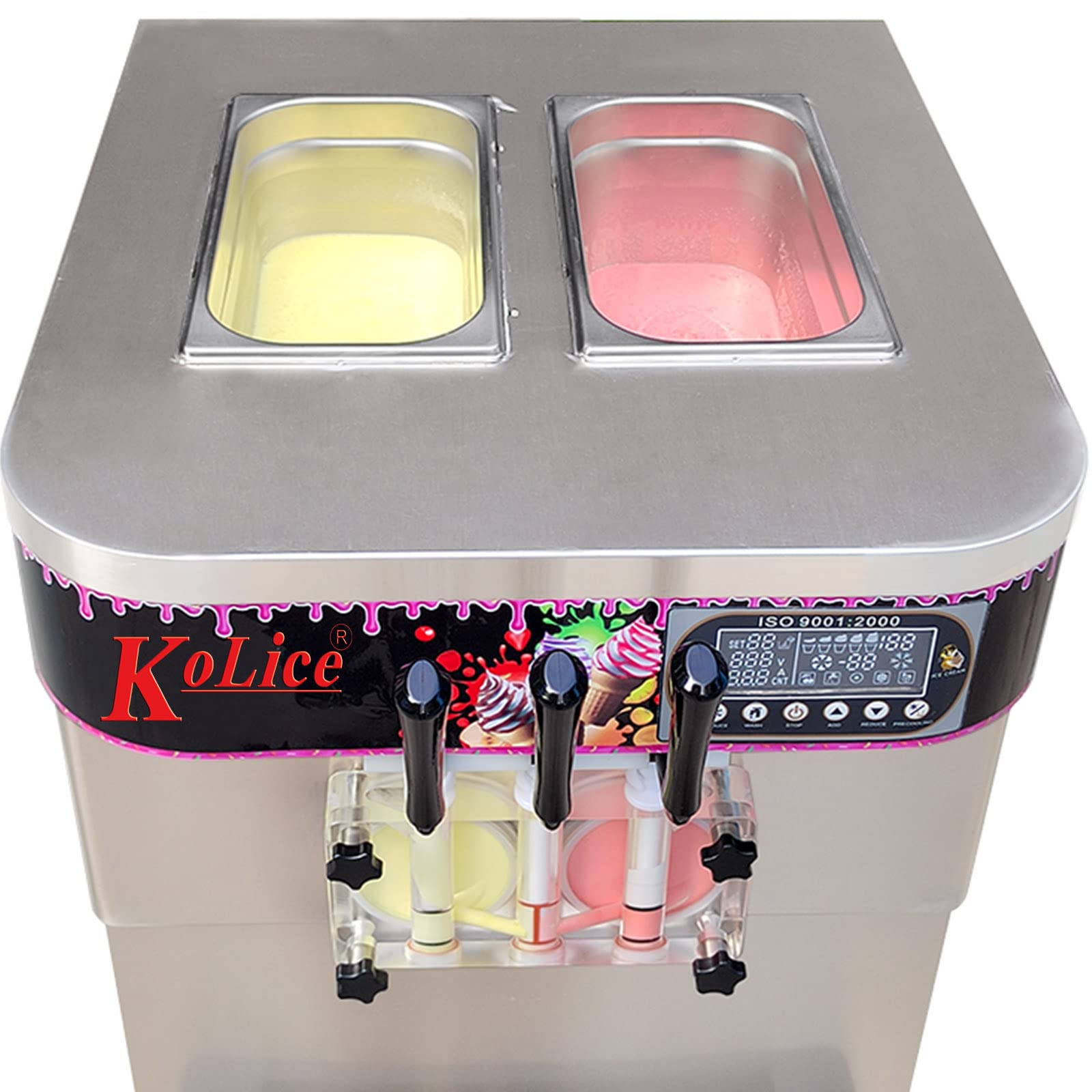 Kolice Commercial ETL 3 flavors soft ice cream machine,yogurt soft serve ice cream machine,ice cream machine-2+1 mixed flavors, full transparent dispenser,upper tanks refrigerated