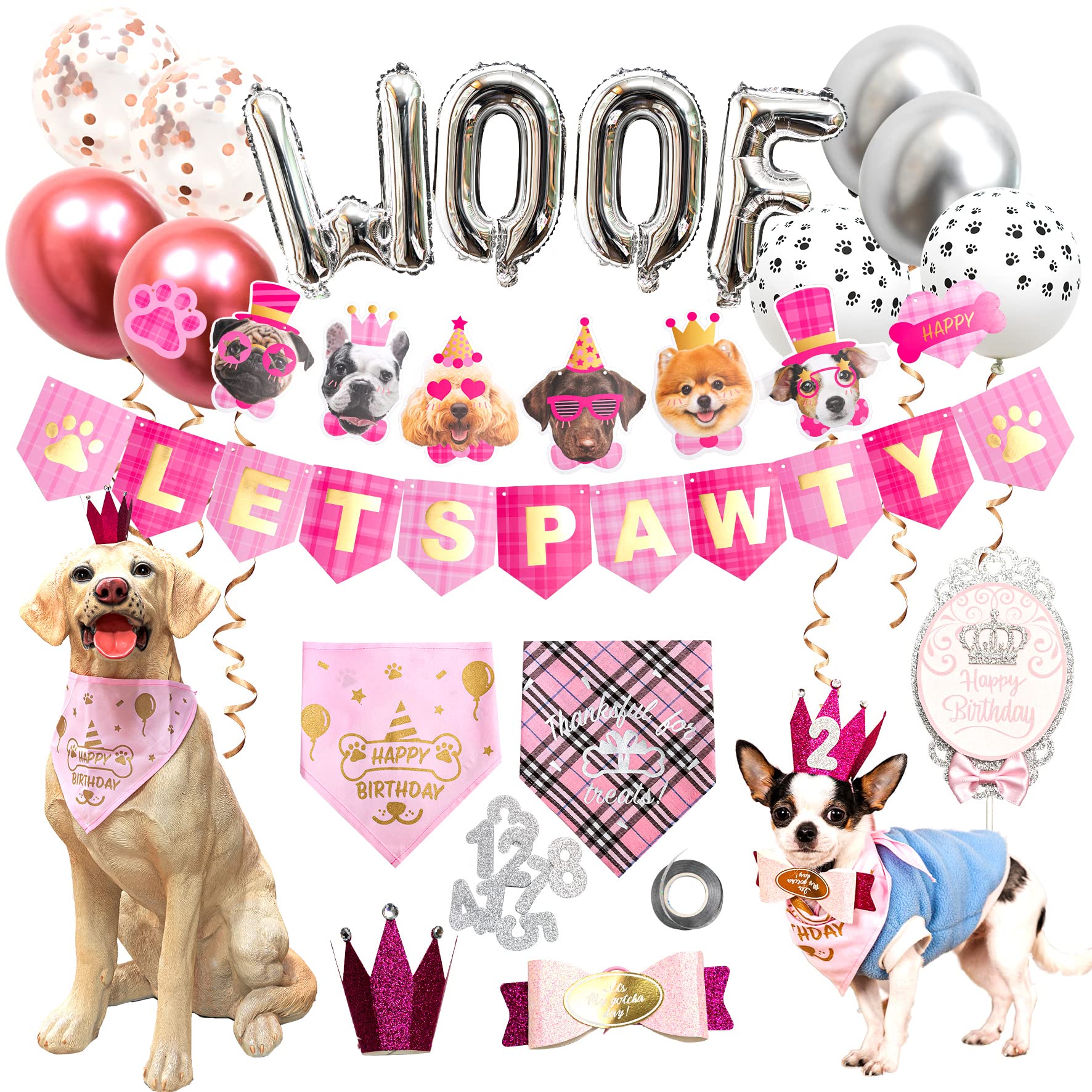 Dog Birthday Party Decorations, Dog Birthday Hat/Bandana/Bowtie/Balloon/Flag/Banner for Small Medium Large Dogs Pets, Doggie Boys/Girls Birthday Party Supplies Decorations