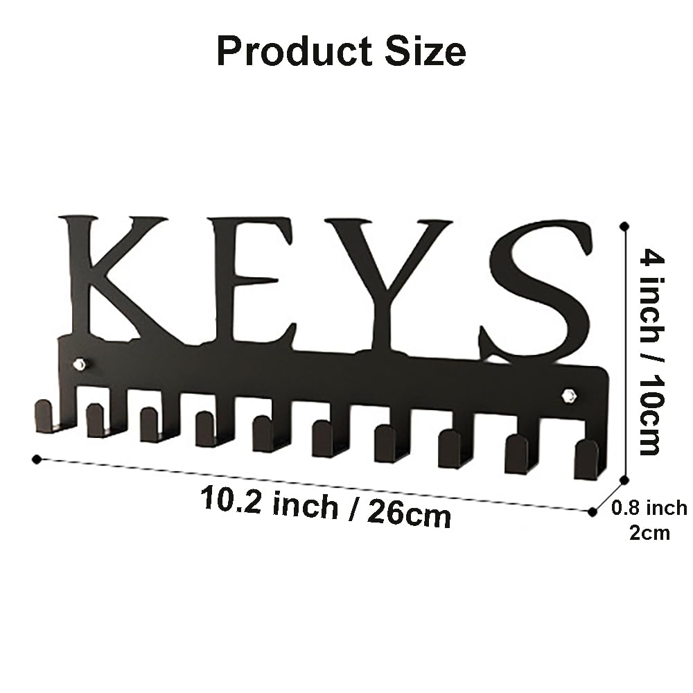 RT&BS Key Hooks for Wall, Key Holder Wall Mounted, Black Metal Hooks for Wall in Entryway Front Door Hallway Bathroom Kitchen, Key Sign 10.2 inches 10 Hooks
