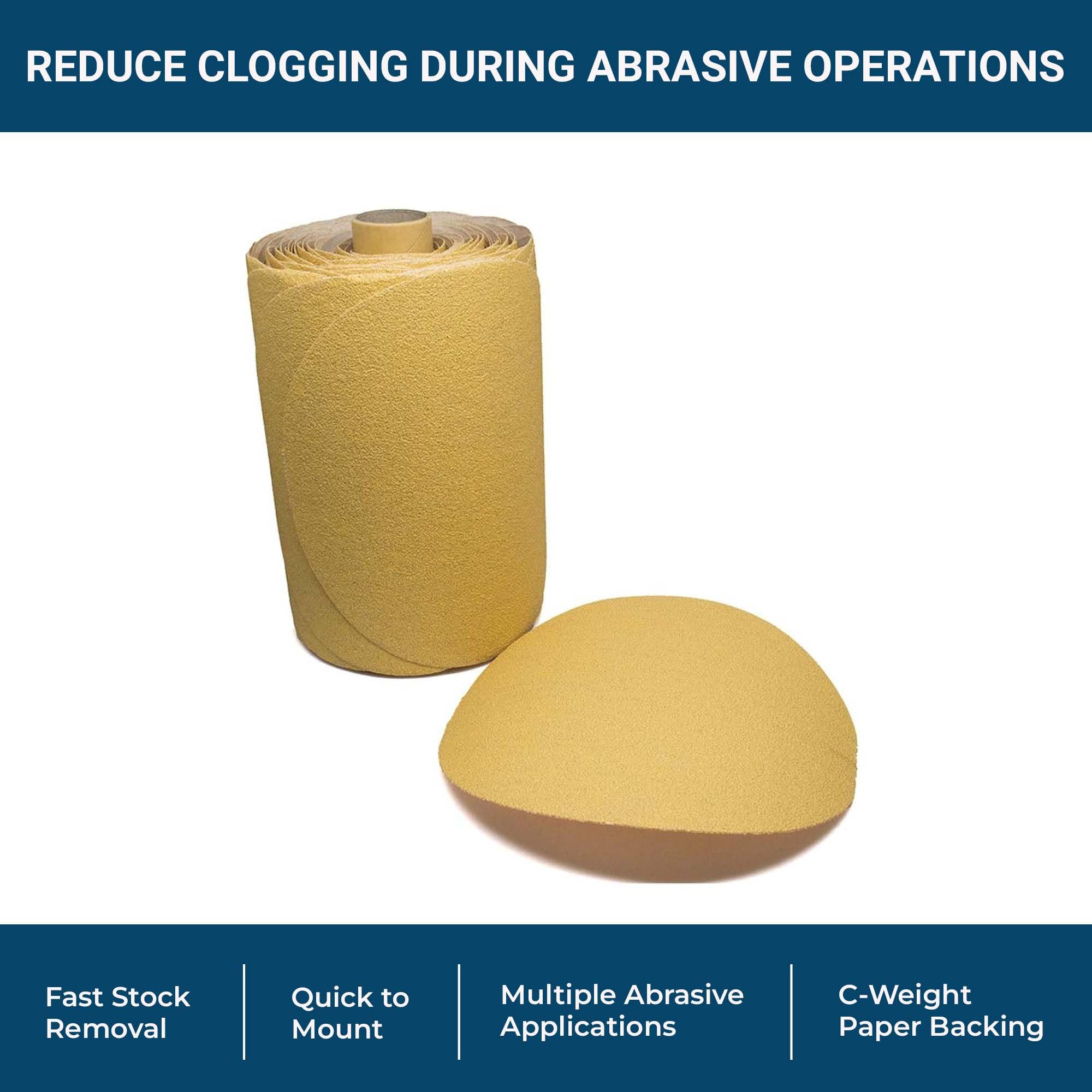 Benchmark Abrasives PSA Gold 5 Inch Self Adhesive Sanding Discs w/Aluminum Oxide Grains DA Sandpaper - 5 Inch Sanding Discs Roll - Surface Blending, Automotive, Orbital Sanders (100 Discs), 220 Grit