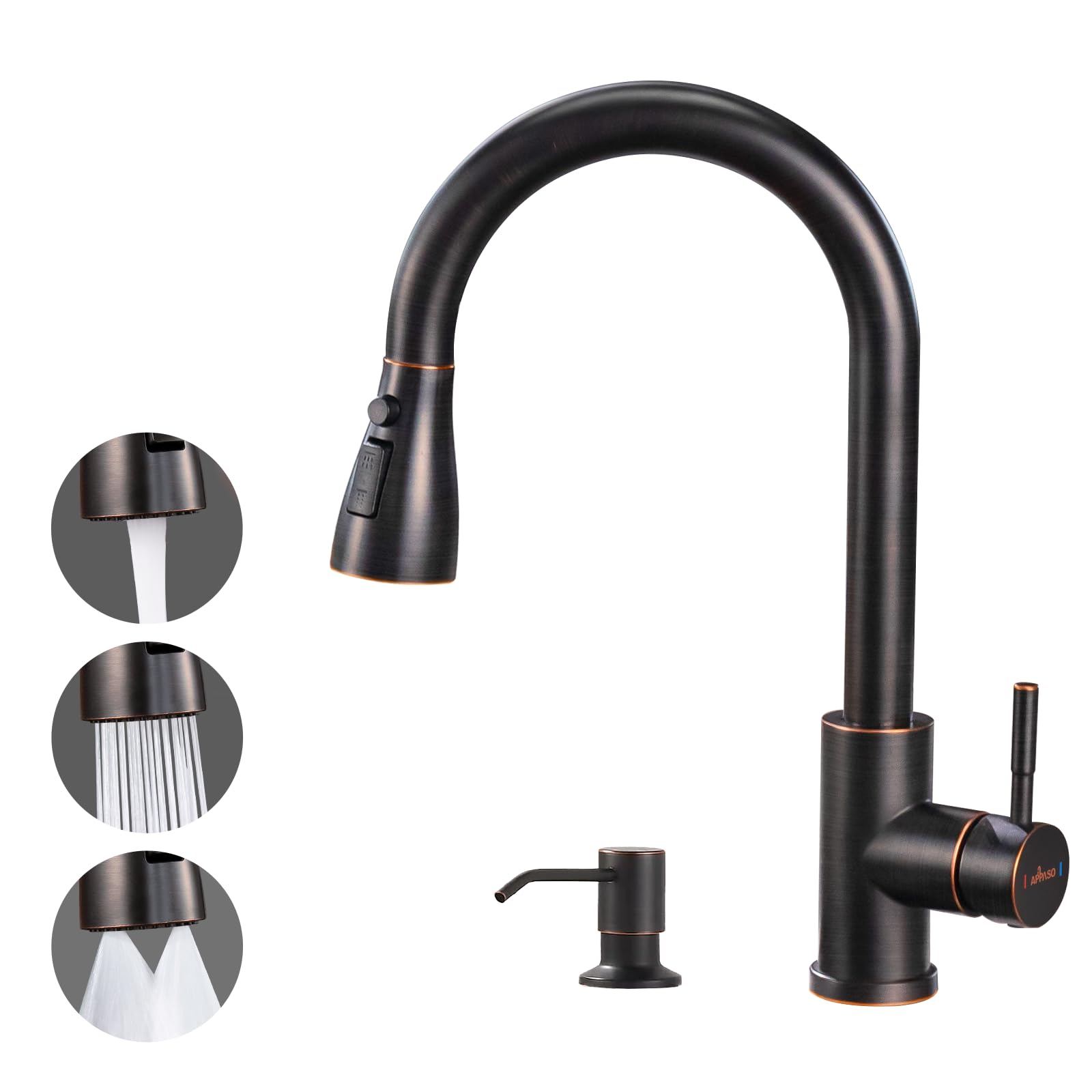 APPASO Oil Rubbed Bronze Kitchen Faucet, Stainless Steel Kitchen Faucet with Soap Dispenser and Pull Down Sprayer, High Arch Faucet Kitchen Bronze for 1 or 2 Hole Sink Without Deck Plate