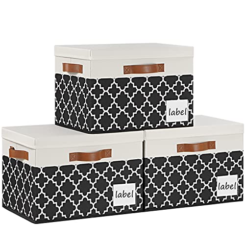 PFFVRP Large Storage Bins with Lids, Foldable Fabric Storage Baskets with Lids, Sturdy Storage Boxes with Labels and 3 PU Handles for Closet Home Bedroom Office (26L, 3 Packs, Black Plaid&White)