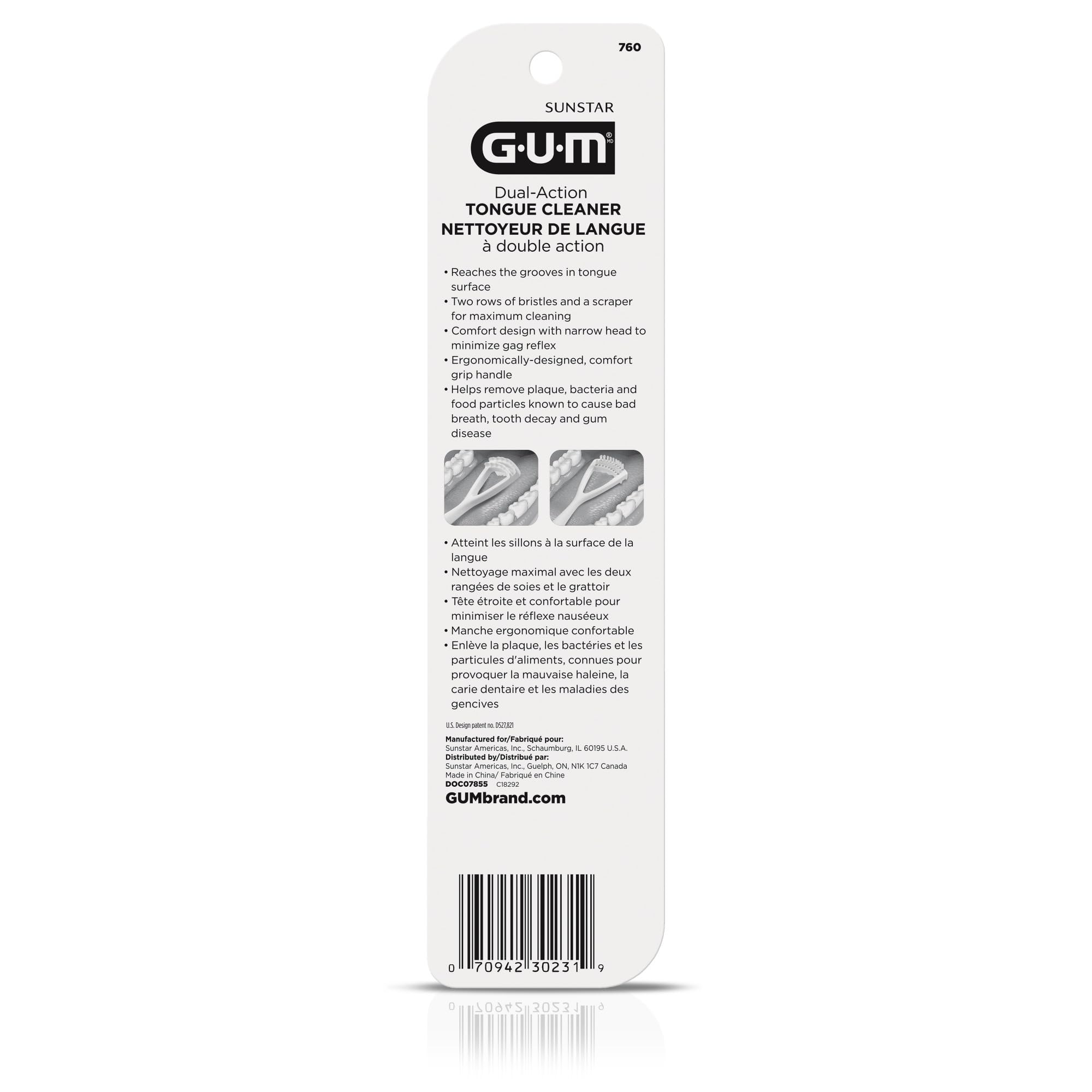 GUM Tongue Cleaner - Dual Action Soft Bristled Tongue Brush with Tongue Scraper for Better Oral Hygiene - Bad Breath Treatment (6pk)
