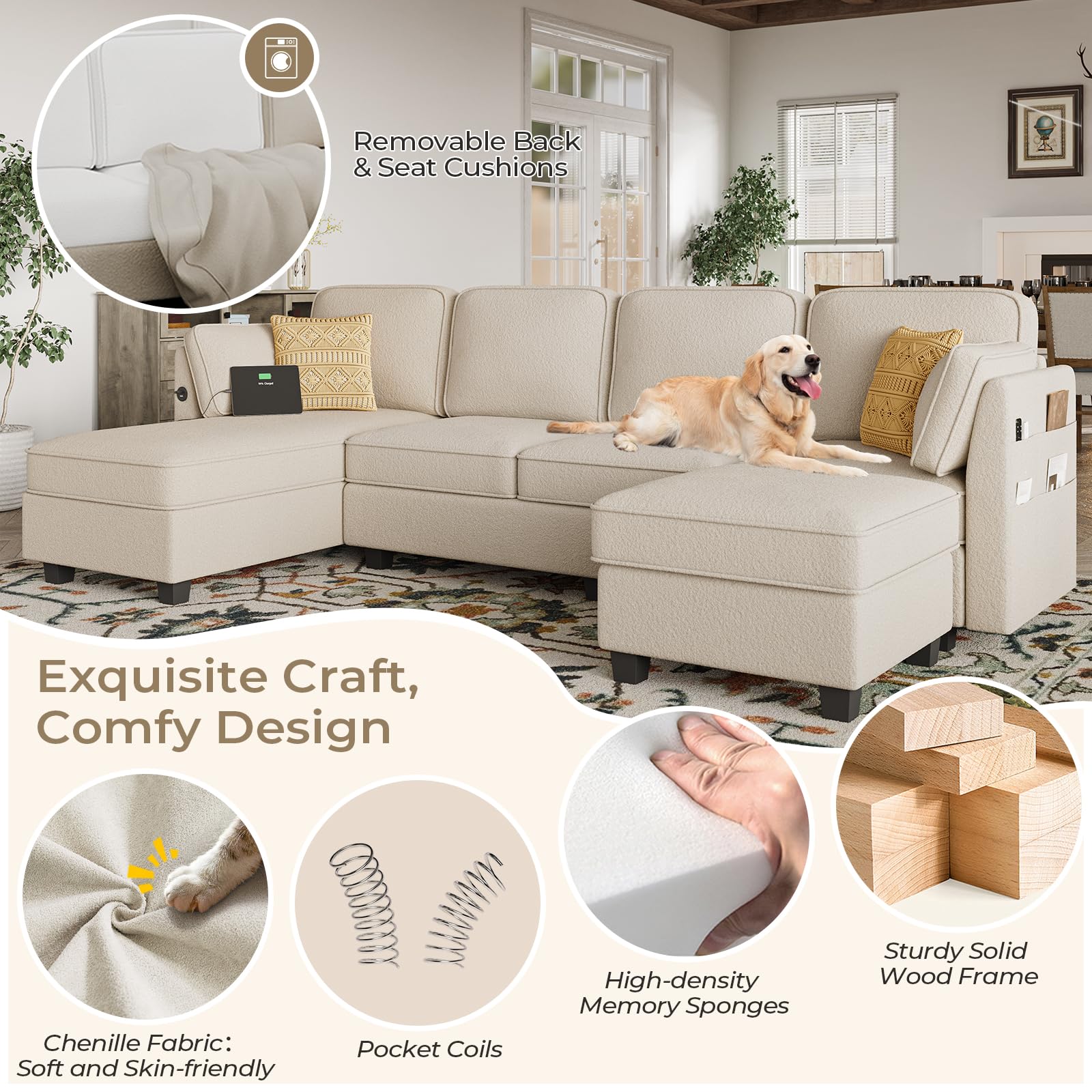 Hasuit 113'' Sectional Sofa with Storage Seats, U Shaped Convertible Sofa Couch with Large Reversible Chaise, Comfy Chenille Sofa with USB Port, Modular Sectional Sofa Couches for Living Room, Beige