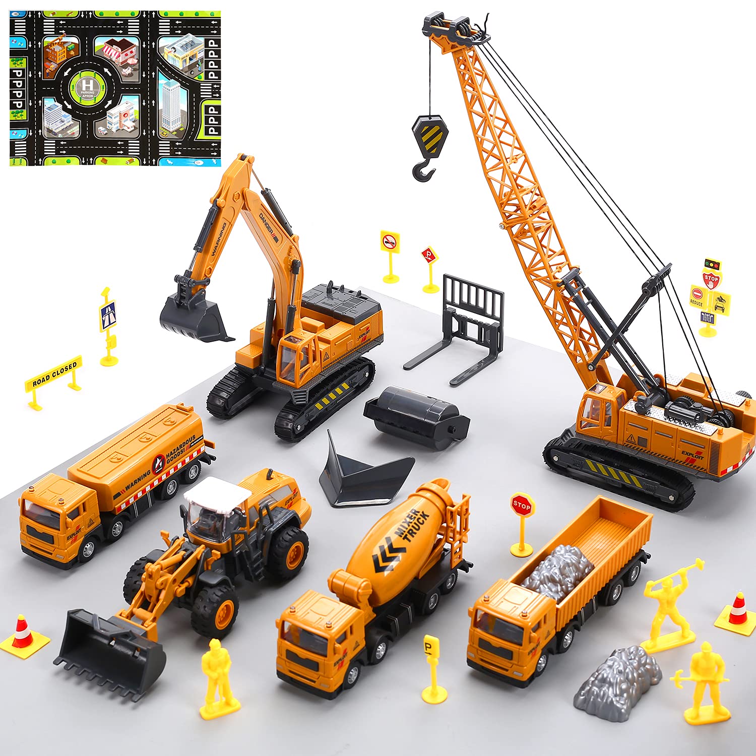 CUTE STONE Construction Vehicles Playset with Playmat, Kids Engineering Truck Set with Crane, Excavator, Tractor with 3 Interchangeable Parts, Cement, Truck, Educational Gift Toy for Toddlers Boys