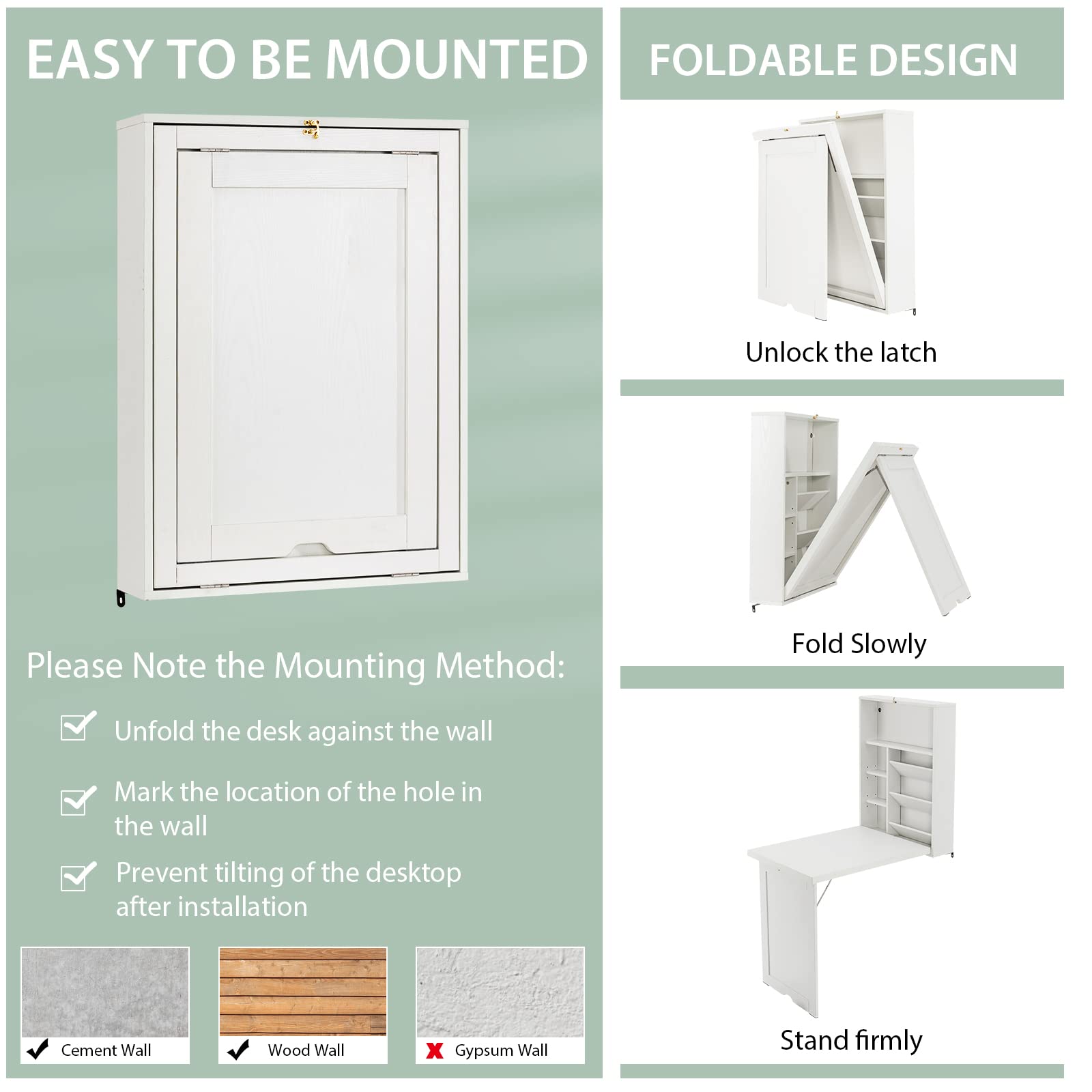 IFANNY Folding Wall Mounted Desk, Fold Down Desk with Storage Shelves, Wood Convertible Desk for Small Spaces, Murphy Desk Wall Mount, Floating Desk for Home Office (White)