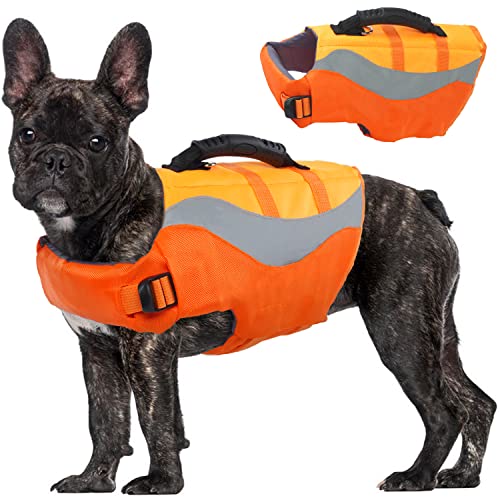 Dog Life Jacket Ripstop Dog Life Vest for Boating Swimming,Reflective Dog Life Preserver with Rescue Handle & Leash Ring, Small Medium Dogs Lifesaver Floating Swimsuit French Bulldog Bathing Suit