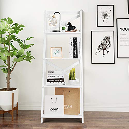 Tangkula 4-Tier Ladder Shelf Bookcase Leaning Free Standing Wooden Frame Decor Bookshelf Storage Flower Shelf Plant Display Shelf for Home Office (White, 2)