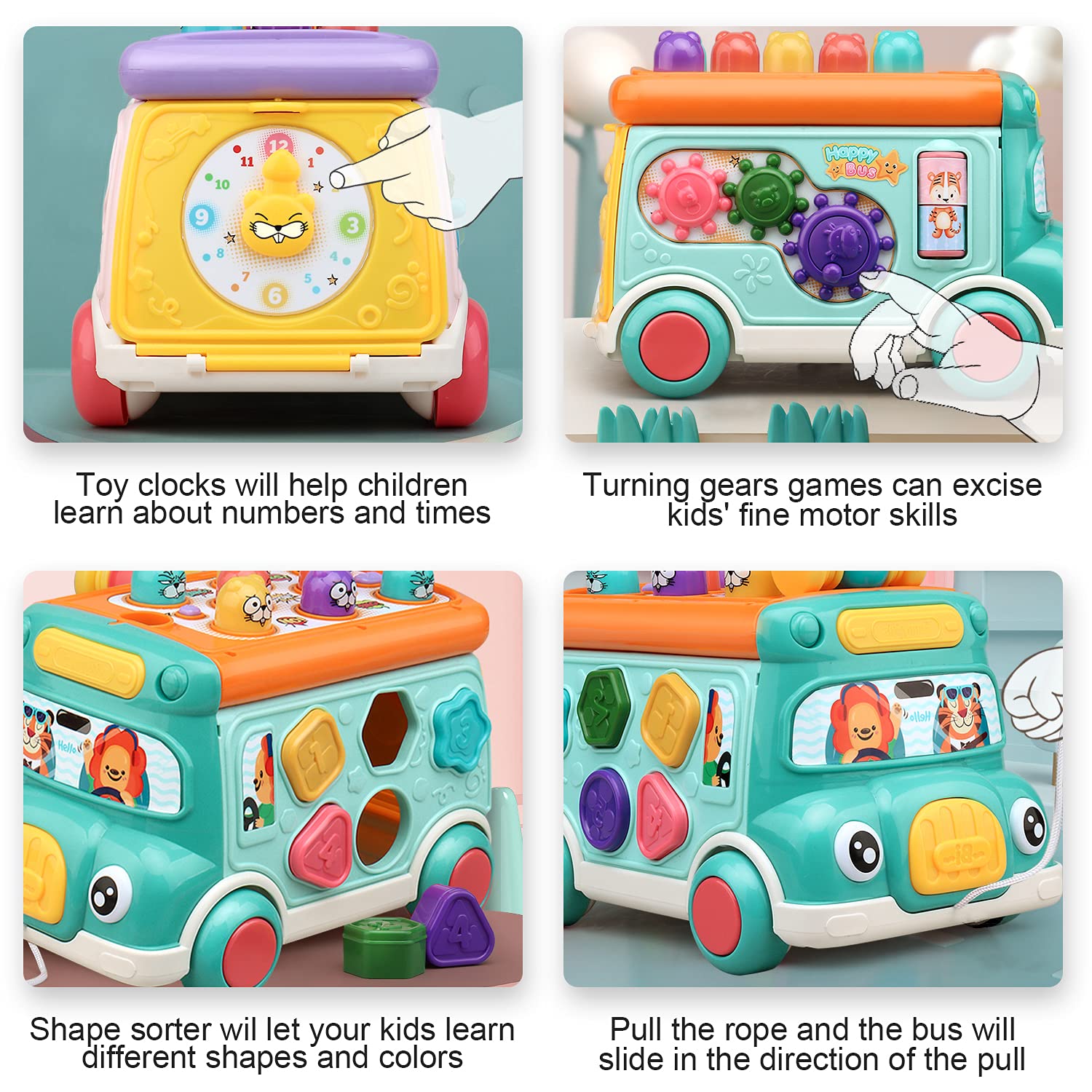 Cute Stone Push Pull Bus Toy, Baby Musical Learning Toys with Sound & Light, Whack-a-Mole Game, Shape Matching, Gear, Toy Clock, Activity Bus Toy Early Education Gift for Toddler Boys Girls