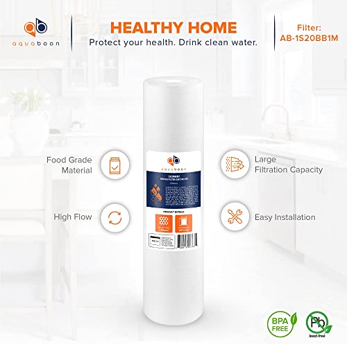 Aquaboon 1 Micron 20" x 4.5" Sediment Water Filter Replacement Cartridge | Whole House Sediment Filtration | Compatible with AP810-2, FPMB-BB5-20, P5-20BB, FP25B, 155358-43, 8 Pack