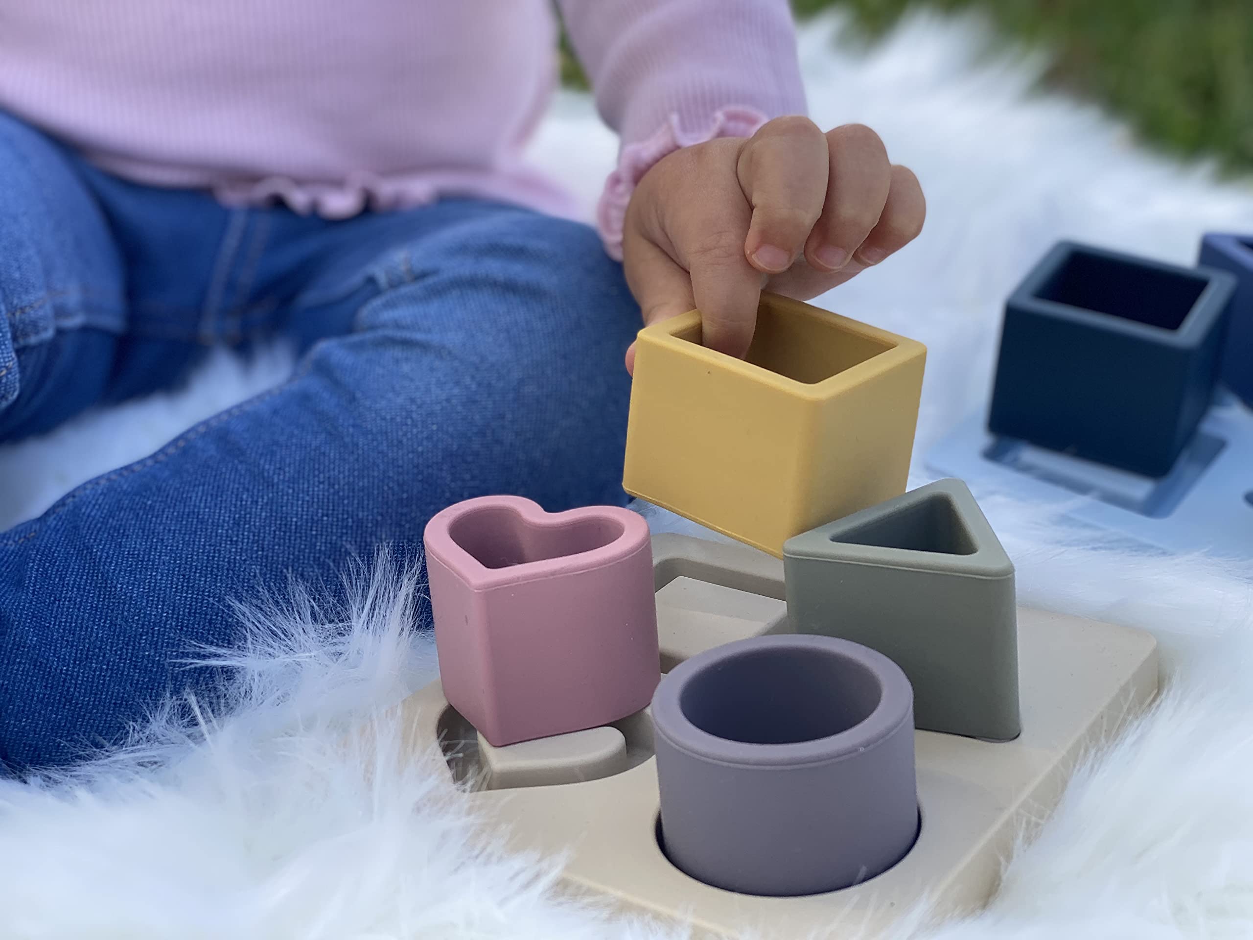 BraveJusticeKidsCo. Early Education Silicone Baby Puzzle | Stacking Building Blocks Toddler Toys (Cream)
