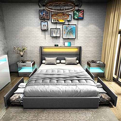 AMERLIFE King Bed Frame with RGBW LED Lights Headboard & 4 Storage Drawers, Upholstered Smart Platform Bed with USB & USB-C Ports, Box Spring Optional, Light Grey