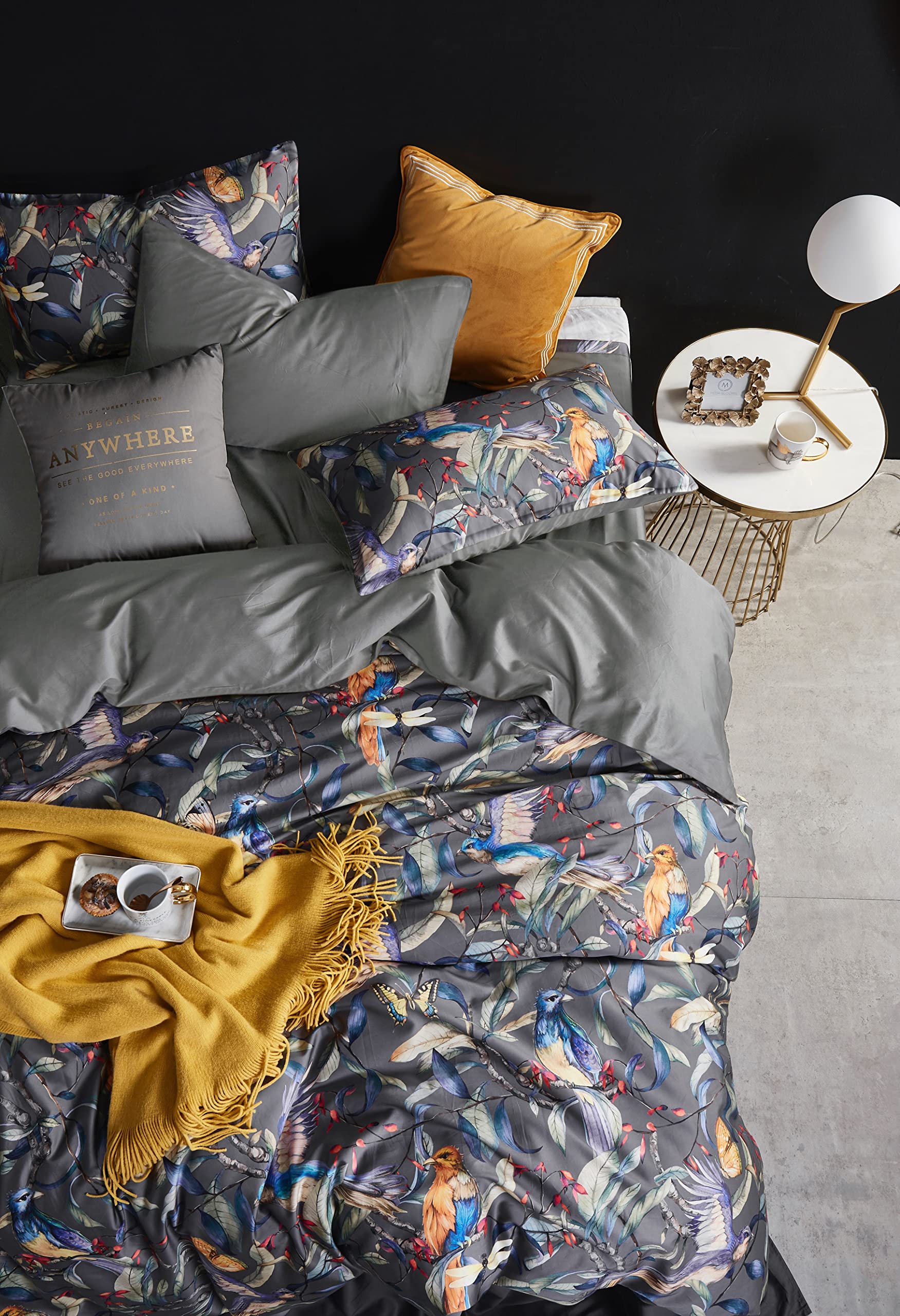 Eikei Home Chinoiserie Chic Peacock Floral Duvet Cover Paradise Garden Botanical Bird and Tree Branches Vintage Stylized Long Staple Cotton Bedding Set (Gray, Queen)