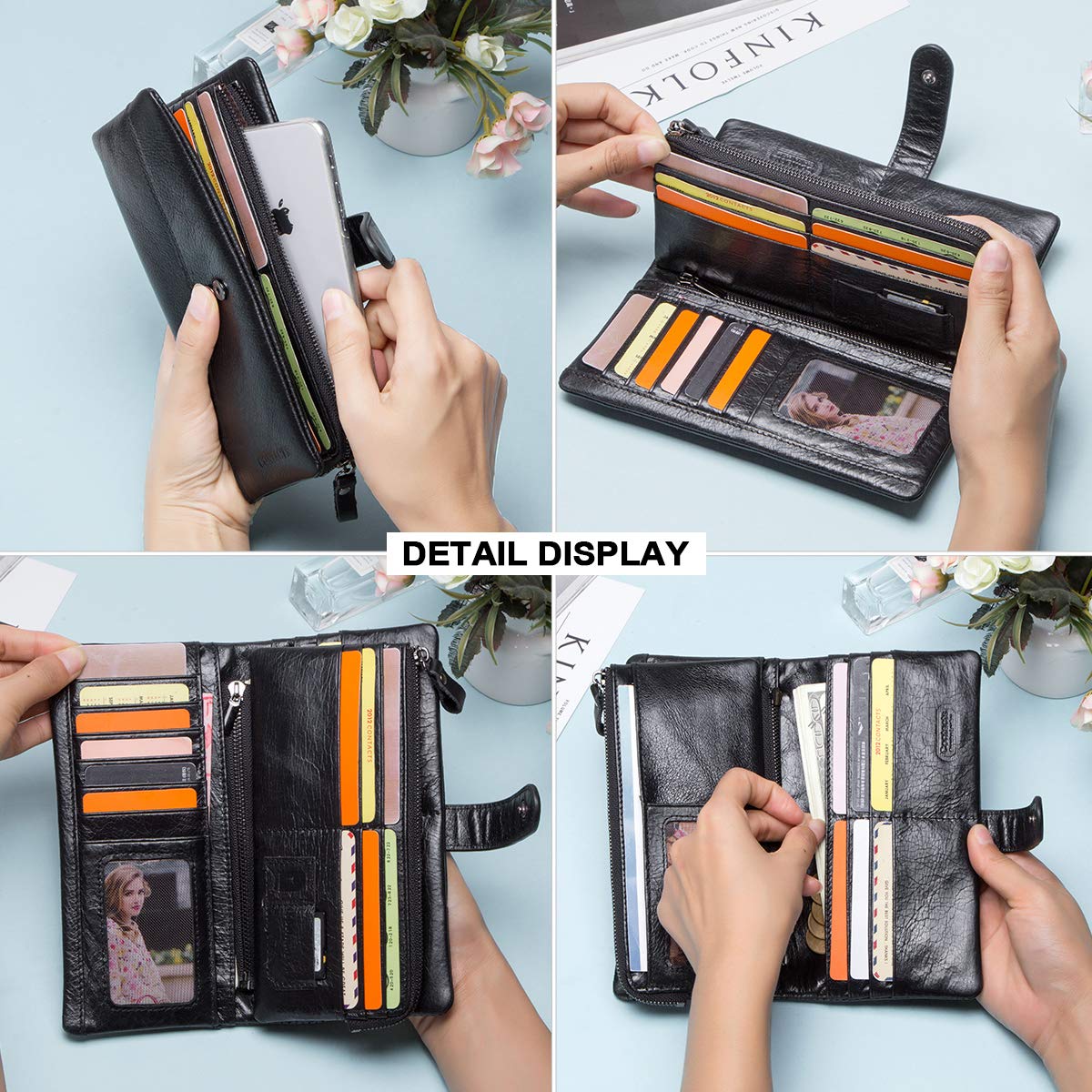 Contacts Real Leather Women Secretary Zipper Phone Holder Clutch Purse Wallet (Black)