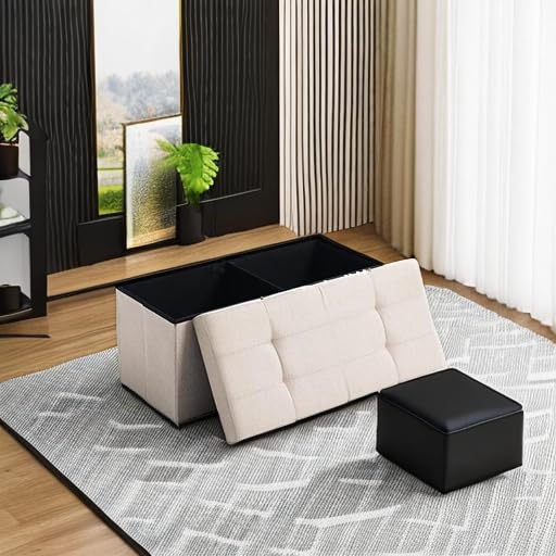 CUYOCA Storage Ottoman Bench Foldable Seat Footrest Shoe Bench End of Bed Storage, 80L Storage Space, 30 inches Linen Fabric Cream