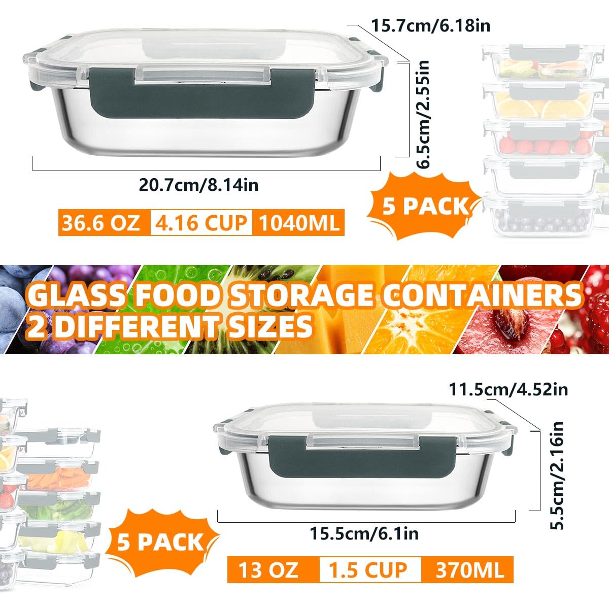 FREYBLI 10 Pack Airtight Glass Meal Prep Containers with Lids, Glass Bowls Set with Snap Locking Lids for Lunch, Food Storage, Meal Prep, Leftovers, Safe in Microwave, Freezer, Dishwasher