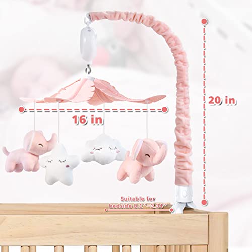 FEISIKE Crib Mobile for Girls with 3 Modes Music Box(Turn Only, Music Only, Turn & Music),12 Lullabies,Pink Elephant Nurser Mobile,Clamp Type,Pretty Box Packaging