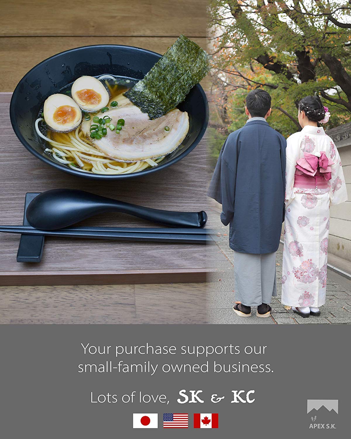 APEX S.K. 4 Sets 30 Ounce Japanese Ramen Noodle Soup Bowl Melamine Hard Plastic Dishware Ramen Bowl Set with Matching Spoon and Chopsticks for Udon Soba Pho Asian Noodles
