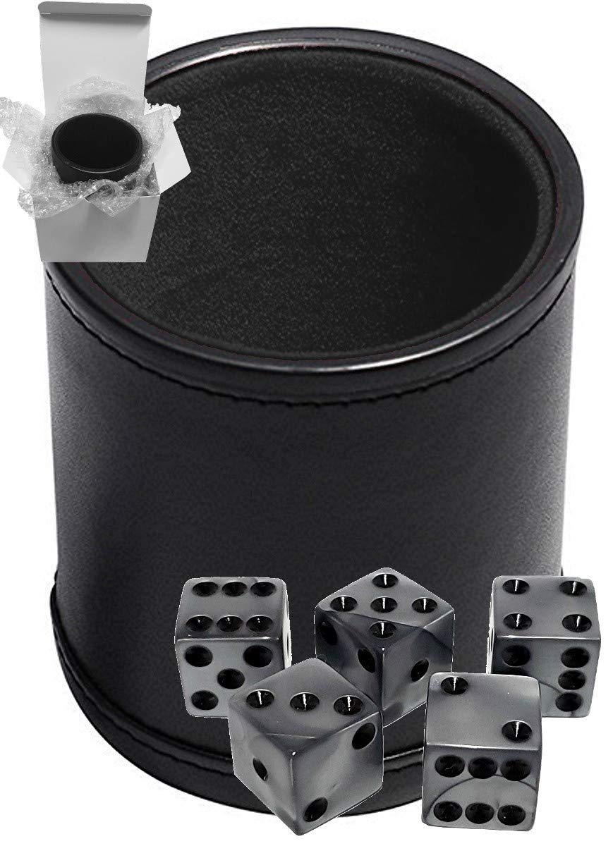 Cyber-Deals Set of 16mm Pearlized Olympic Dice and Black PU Leather Velvet Lined Dice Cup (Gift Boxed) (Silver Dice, Black Lining Cup)