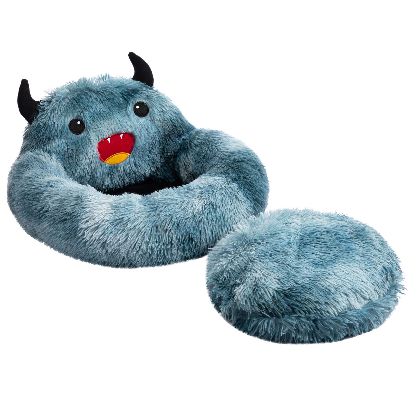 Hollypet Self-Warming Donut Pet Bed Round Faux Fur Luxury Cozy Cat Nest Monster Sleeping Bed for Cats and Dogs, Blue, Medium