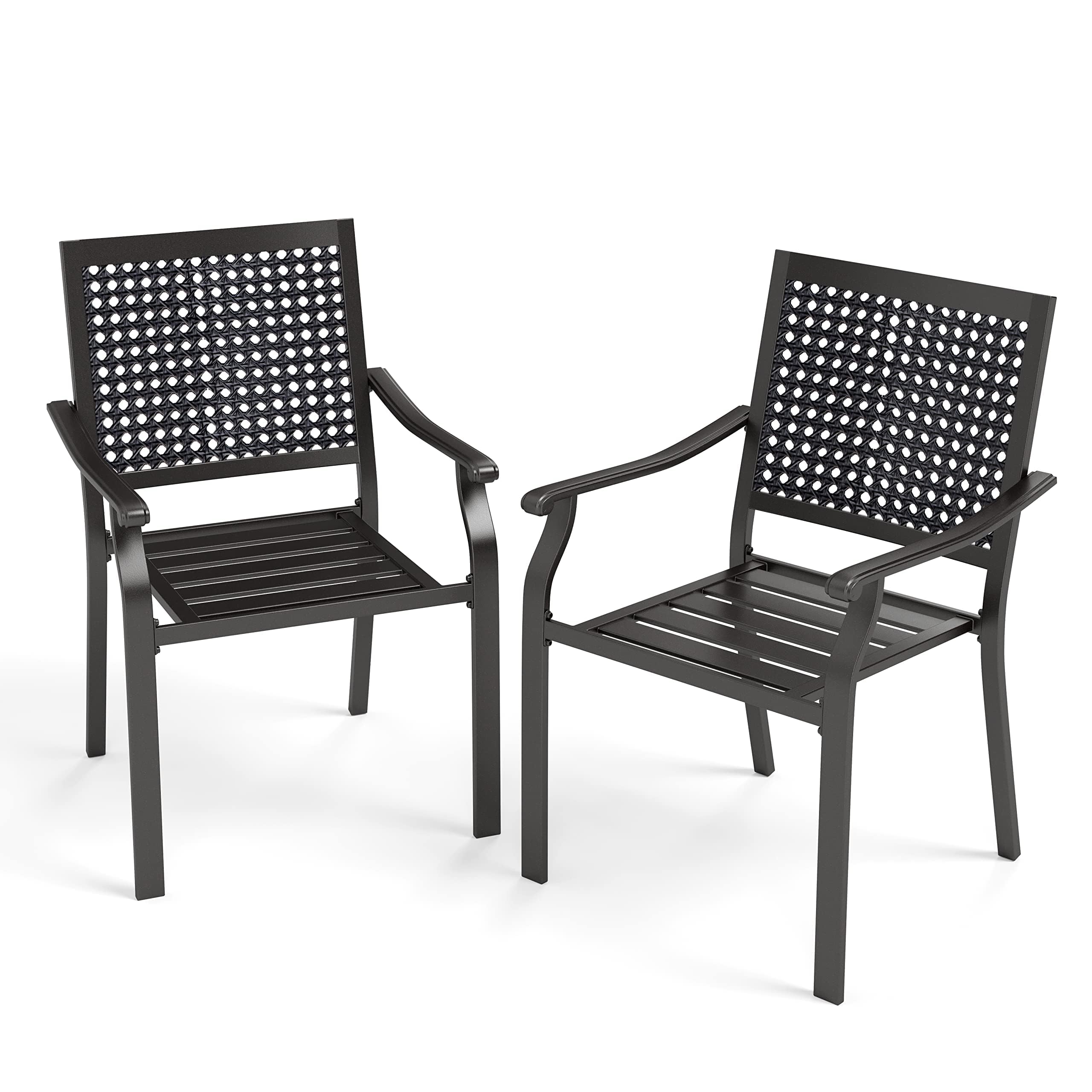 Sophia and William 2 Pcs Metal Stackable Patio Dining Chairs with Armrest, Set of 2 Black Outdoor Dining Chairs with All Wrought Iron Frame, for Garden, Backyard, Lawn,Supports 300 lbs