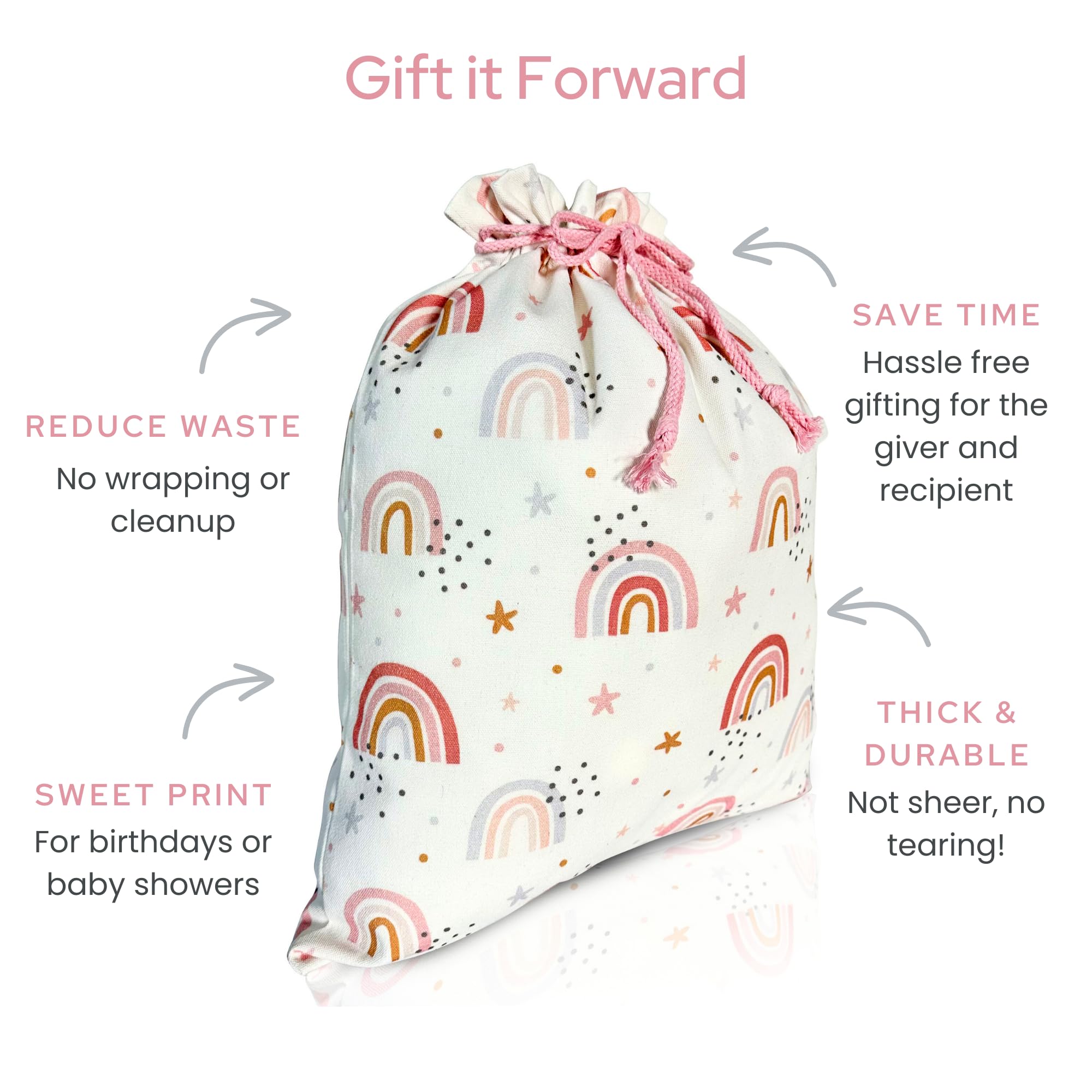 Gather & Knot Drawstring Gift Bags | 20" Large 12" Small | Premium Canvas | Reusable Fabric Wrap for Baby Shower or Girl Birthday | Rainbow