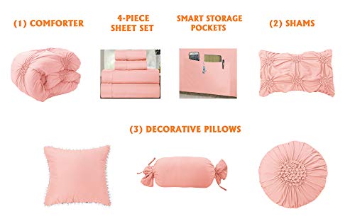 Luxurious, Softest, Coziest 10-PIECE Bed-in-a-Bag Sunflower Comforter Set, Silky Soft Complete Comforter Set Includes Bed Sheet Set with Double Sided Storage Pockets Featured, Full/Queen, Dusty Rose
