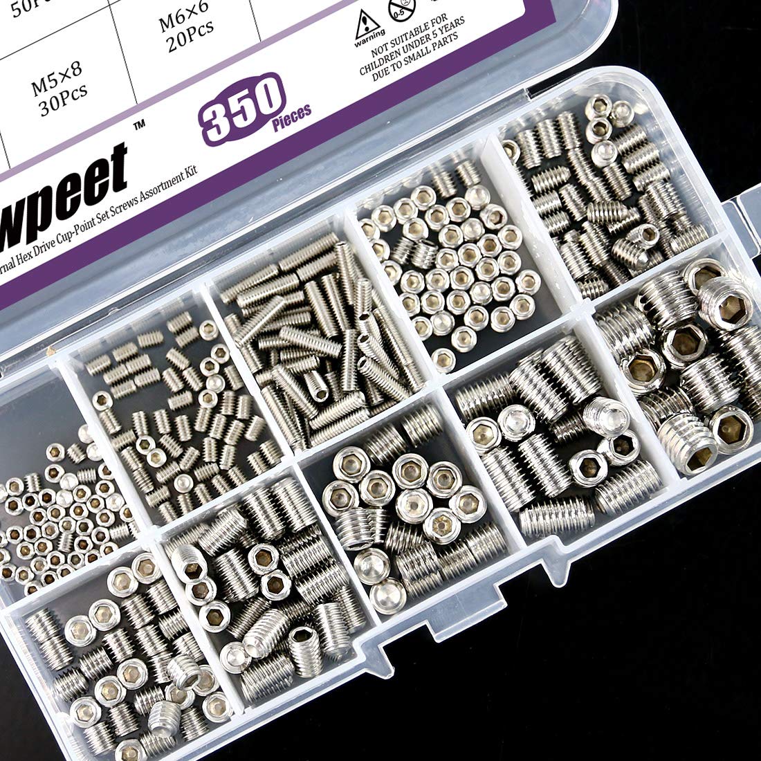 Swpeet 350 Pcs Stainless Steel Allen Head Socket Hex Grub Screw Assortment Kit, Including 10 Sizes M3/4/5/6/8 Stainless Steel Internal Hex Drive Cup-Point Set Screws for Door Handles