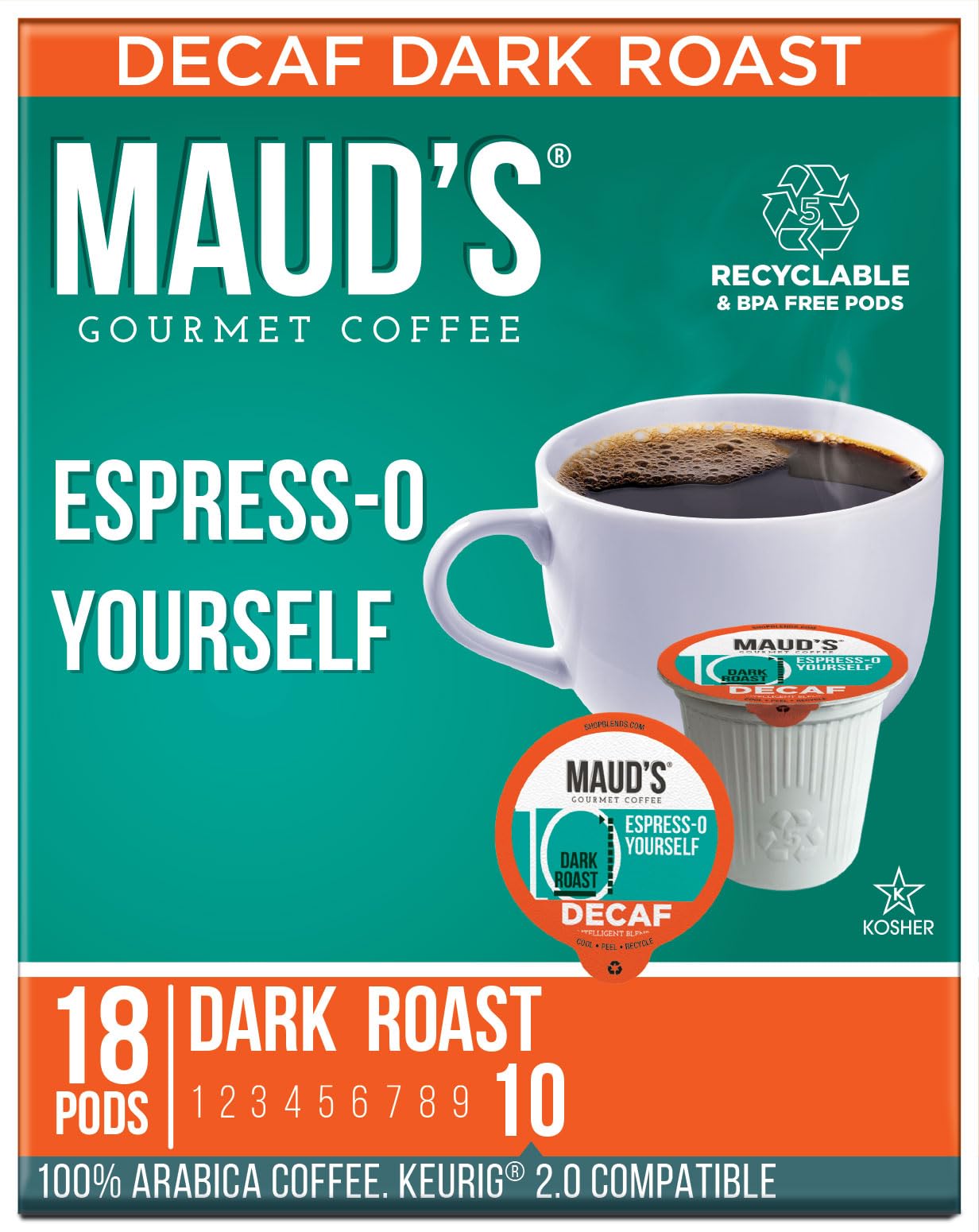 Maud's Decaf Espresso Dark Roast Coffee Pods, 18 ct | Decaffeinated Espress-O Yourself | 100% Arabica Dark Roast Coffee | Solar Energy Produced Recyclable Pods Compatible with Keurig K Cups Maker