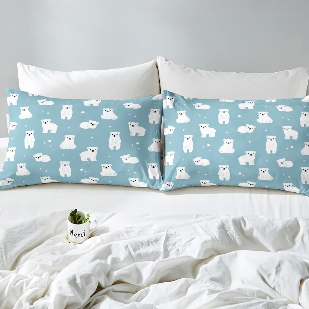Erosebridal Polar Bear Sheet Set Twin Size White Bear Bed Sheets Animal Pattern Bear Printed Fitted Sheet Soft Microfiber Luxury Style Flat Sheet for Teens Kids Blue Animal Decor,Soft Cozy