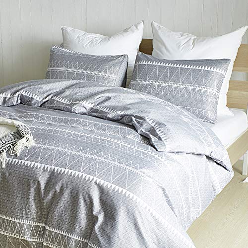 HYPREST Bohemian Queen Duvet Cover Set Lightweight Soft Grey Triangle 3PC Comforter Cover Set Hotel Quality Bedding Set - Oeko-TEX Certificated