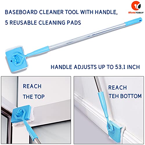 Baseboard Cleaner Tool with Handle 5 Reusable Cleaning Pads by No-Bending Mop Baseboard Cleaner Tool Long Handle Adjustable Baseboard Molding Tool for Bathroom Microfiber Cleaning