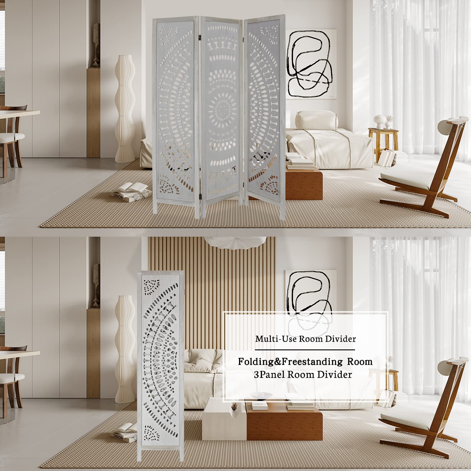 ECOMEX 4 Panel Cutout Room Divider Fully Assembled 5.6Ft Wooden Room Divider and Folding Screens, Carved Room Divider Screen Wall Partition for Home Office Restaurant Bedroom, Natural Brown