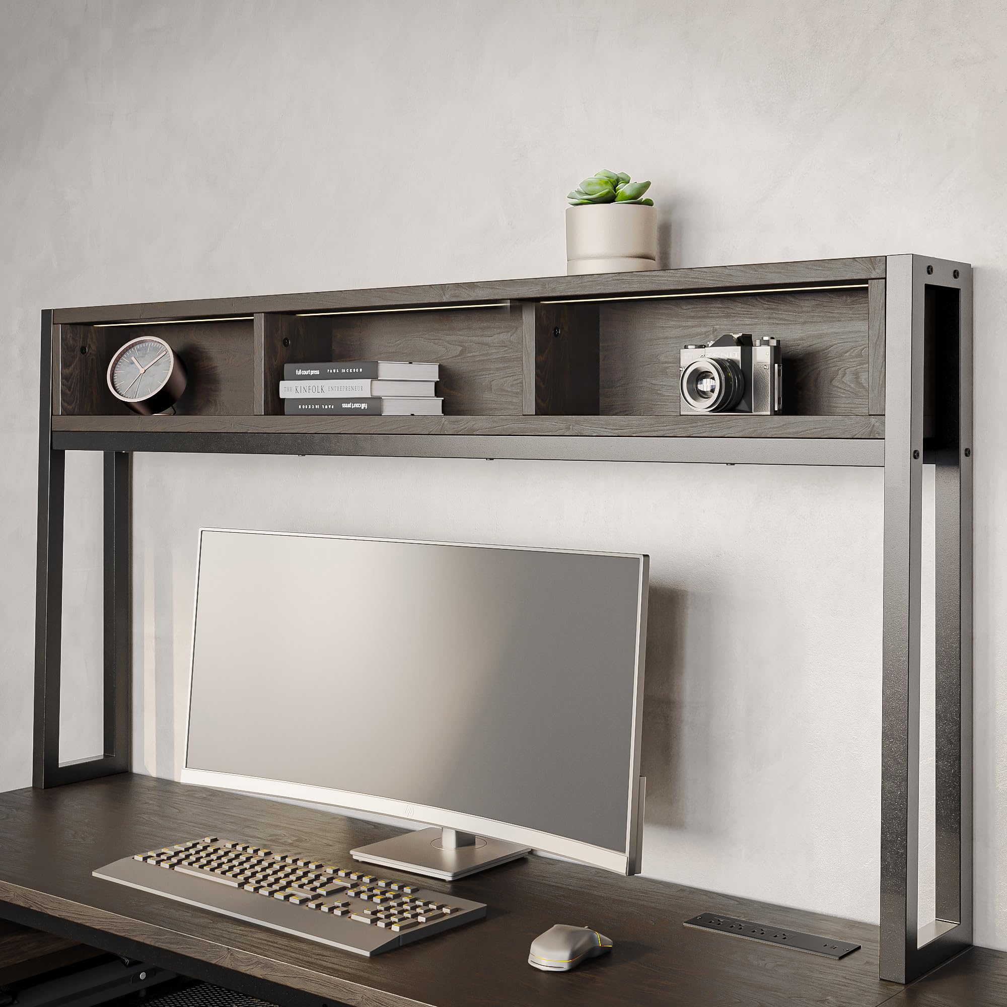 BELLEZE Computer Desk with Hutch and File Cabinet, 104" Long Gaming Desk with RGB LED Lights and USB AC Outlet, Reversible L-Shaped Desk for Home Office (Eclipse - Brown)