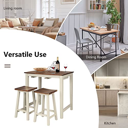 COSTWAY 3 Pieces Dining Set, Counter Height Pub Table Set with 2 Saddle Stools, Industrial Wood Breakfast Table Set for Bar, Kitchen, Living Room, Restaurant