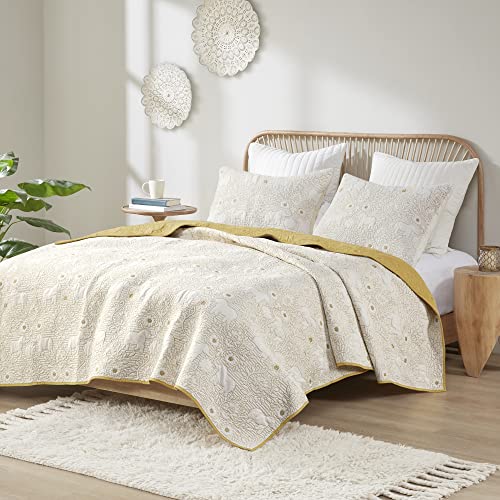 Ink+Ivy Kandula King/Cal King Size Quilt Bedding Set - Mustard Yellow , Quilted Floral, Elephants – 3 Piece Bedding Quilt Coverlets – 100% Cotton Percale Bed Quilts Quilted Coverlet
