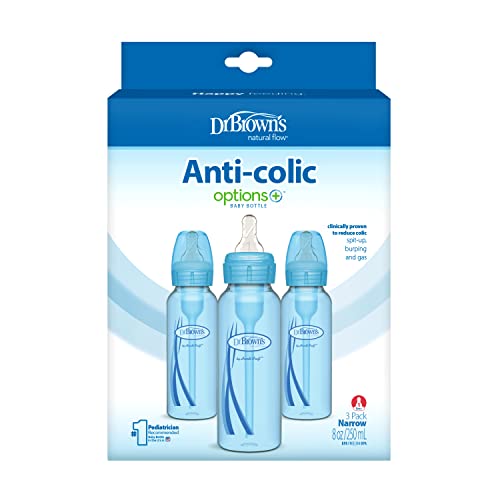 Dr. Brown’s Natural Flow® Anti-Colic Options+™ Narrow Baby Bottles 8 oz/250 mL, with Level 1 Slow Flow Nipple, 3 Pack, 0m+ Blue