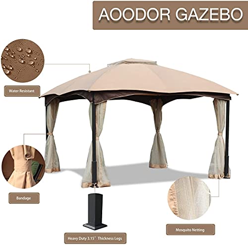 Aoodor Patio Gazebo 12' x 12' Metal Frame with Mesh Netting Canopy Top - Khaki Color