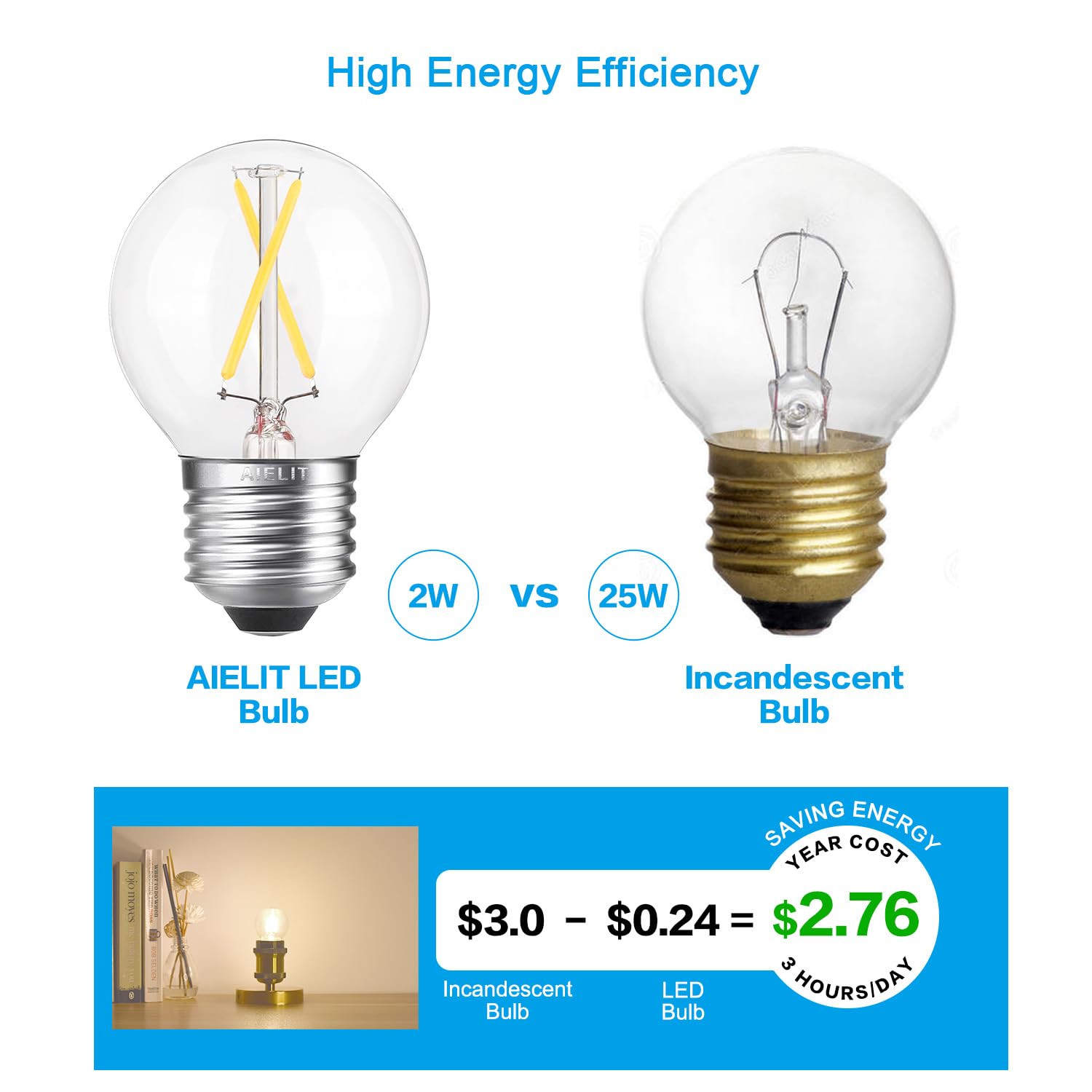 AIELIT Dimmable T45/T14 Tubular E26 LED Edison Bulb 60 Watt Equivalent, Soft White 3000K, 600 Lumens, LED Tube Light Bulbs for Ceiling Fan Bathroom Vanity Chandelier, 6-Pack