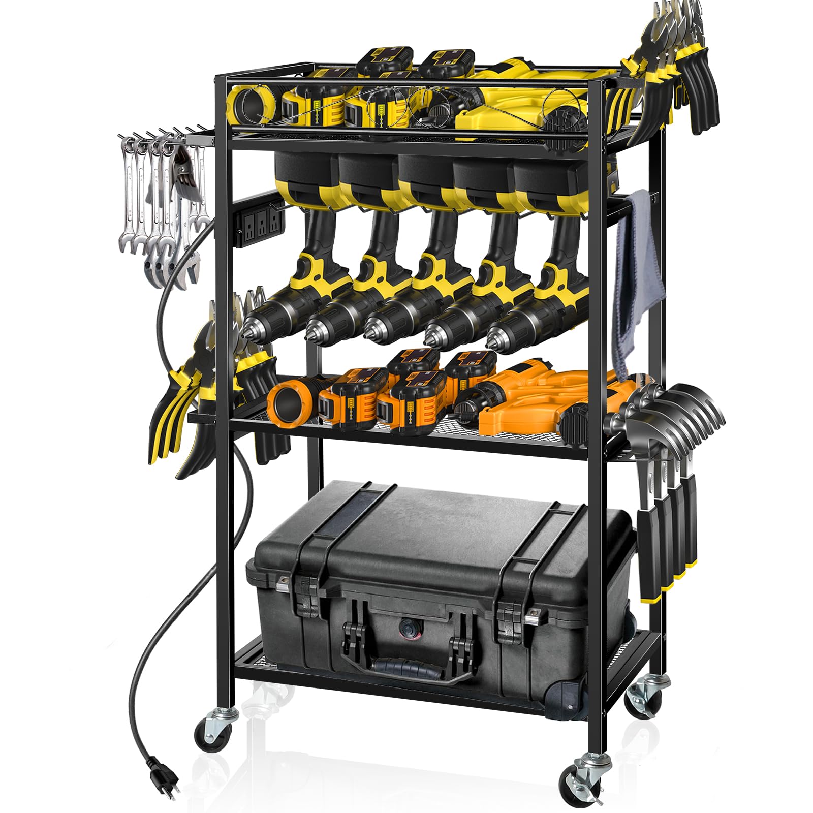 AQNIEGEP Power Tool Organizer Cart with 3 Charging Station, Garage Rolling Tool Storage Cart, Mobile Tool Cart with Wheels, Garage Workshop Gift Ideas for Dad Men Black