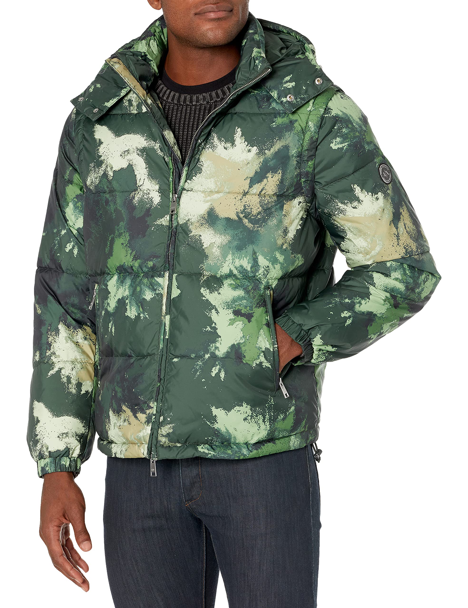 A|X ARMANI EXCHANGE mens Inky Camo Print Down Coat, Ink Camo Green, Medium US