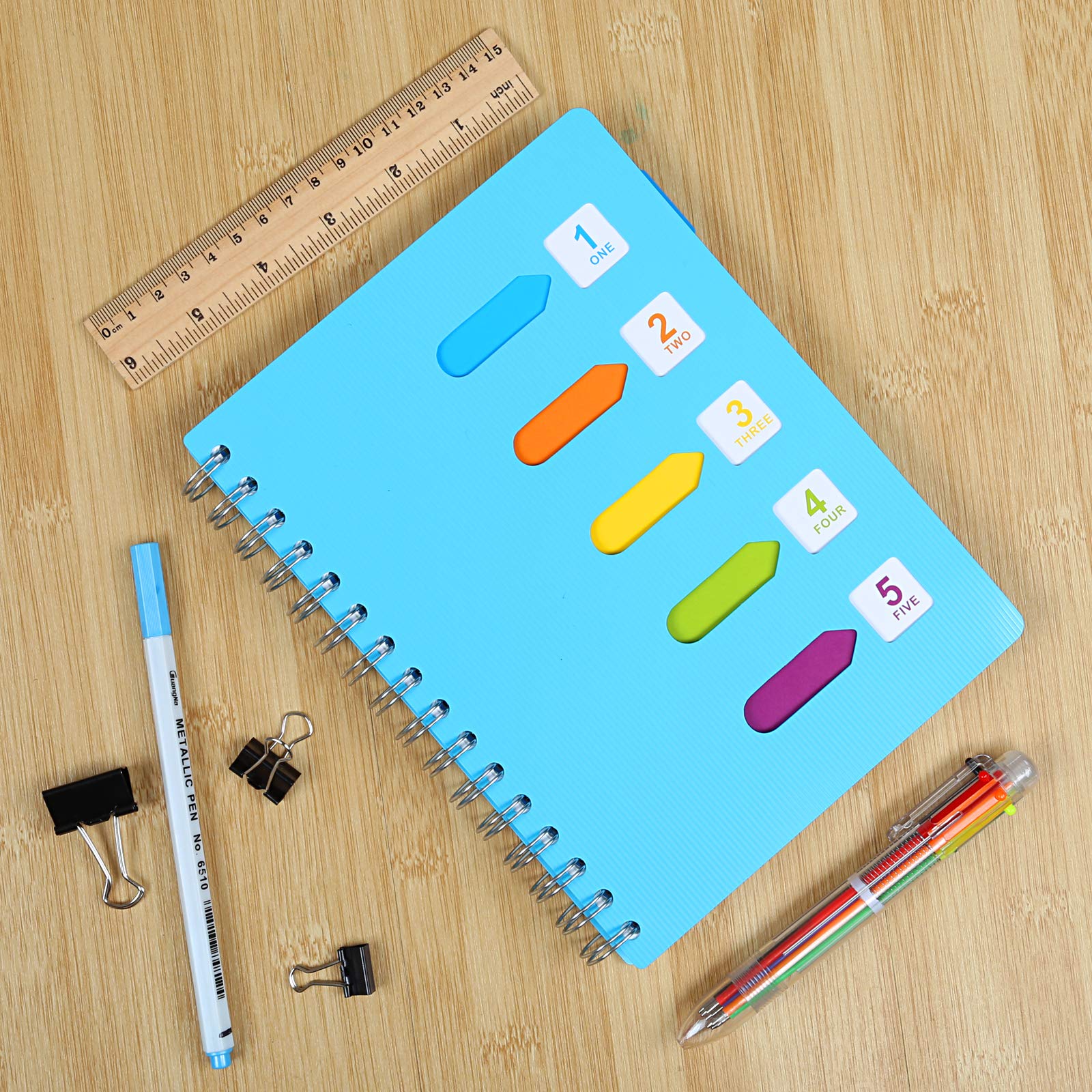 Kesoto A5 Lined Notebook with Multicolored Pen Wire Spiral Subject Notebook Journal with 5 Divider Tabs & 6 Color Retractable Ballpoint Pen, 240 Pages, Blue
