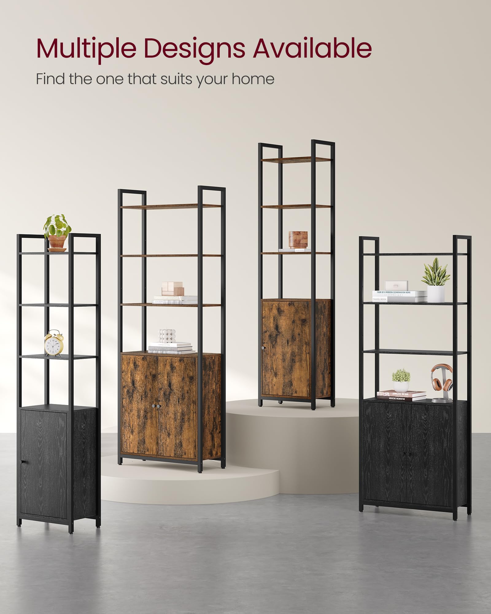 VASAGLE 6-Tier Bookshelf, Tall Bookcase with Door, Steel Frame, Adjustable Shelves, 9.4 x 23.6 x 62.8 Inches, Living Room Bedroom, Rustic Brown and Ink Black ULLS133K01