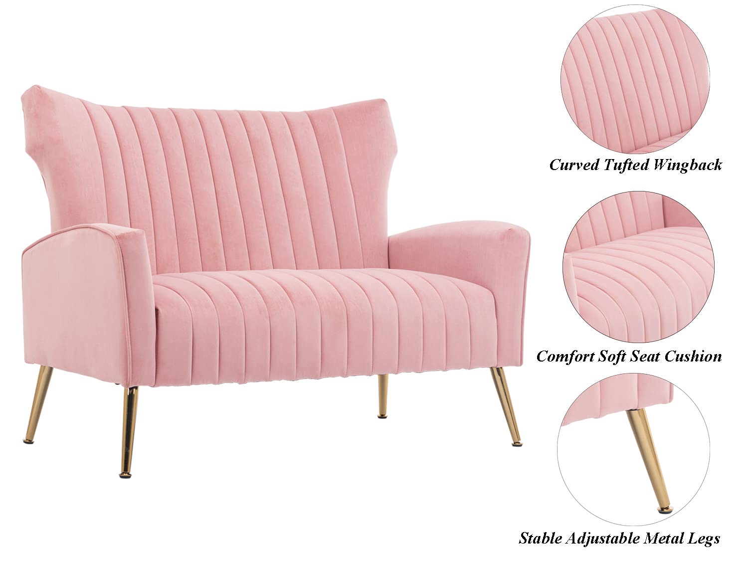 Altrobene Velvet Couch Modern Wingback Loveseat Tufted Luxury Sofa with Gold Legs for Living Room/Bedroom, Light Pink