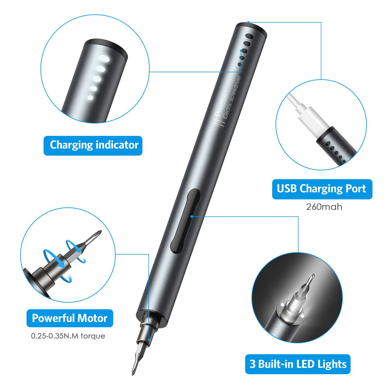 AMIR Mini Electric Screwdriver, 57 in 1 Rechargeable Power Screwdriver Set Magnetic Repair Tool Kit with 3 LEDs & USB Cable for Phone, Watches, Toys, Laptops, Camera