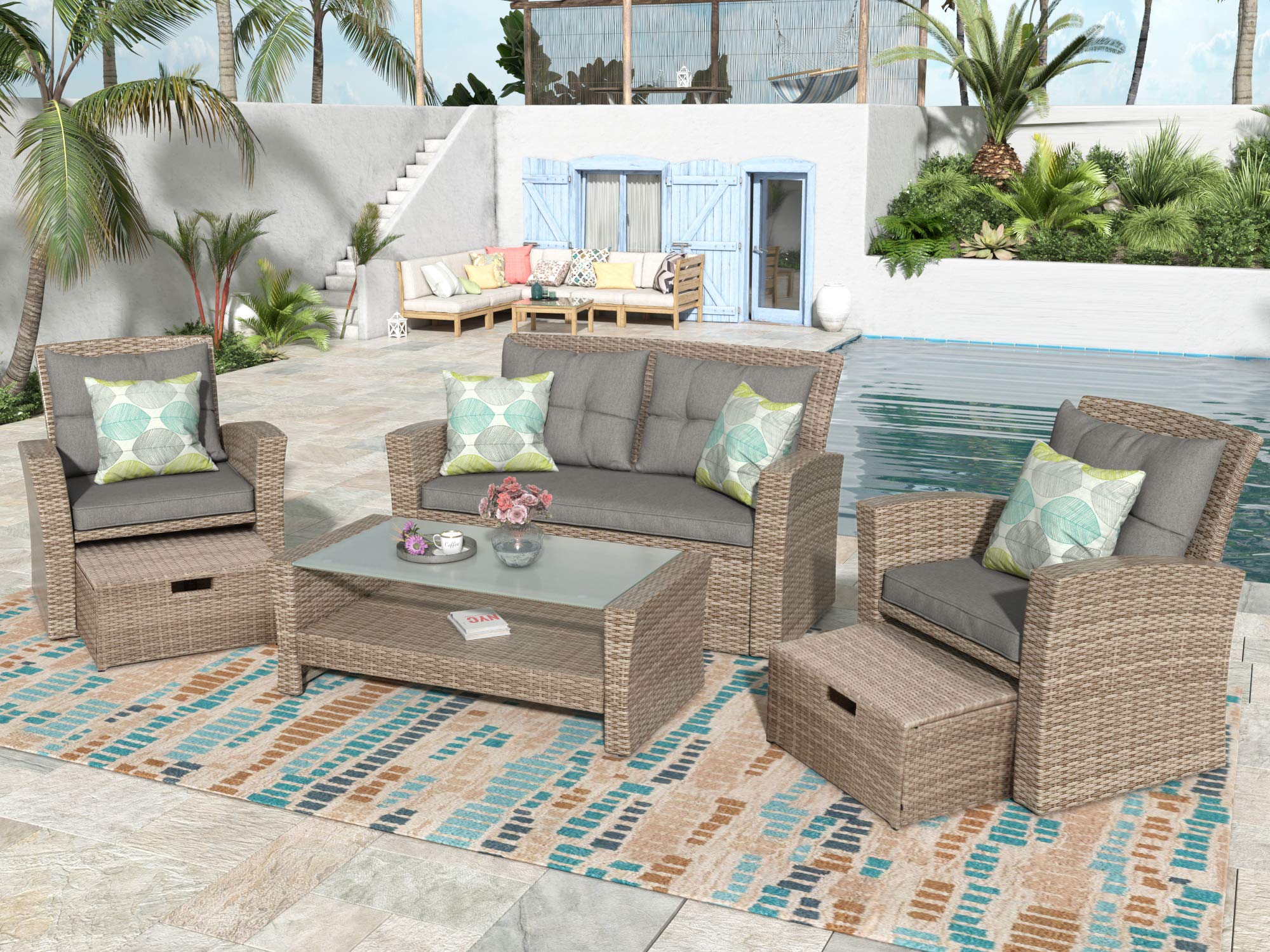 Merax Gray 4 Piece Outdoor Conversation Rattan Wicker Furniture Sectional Sofa Set with Ottoman Cushions