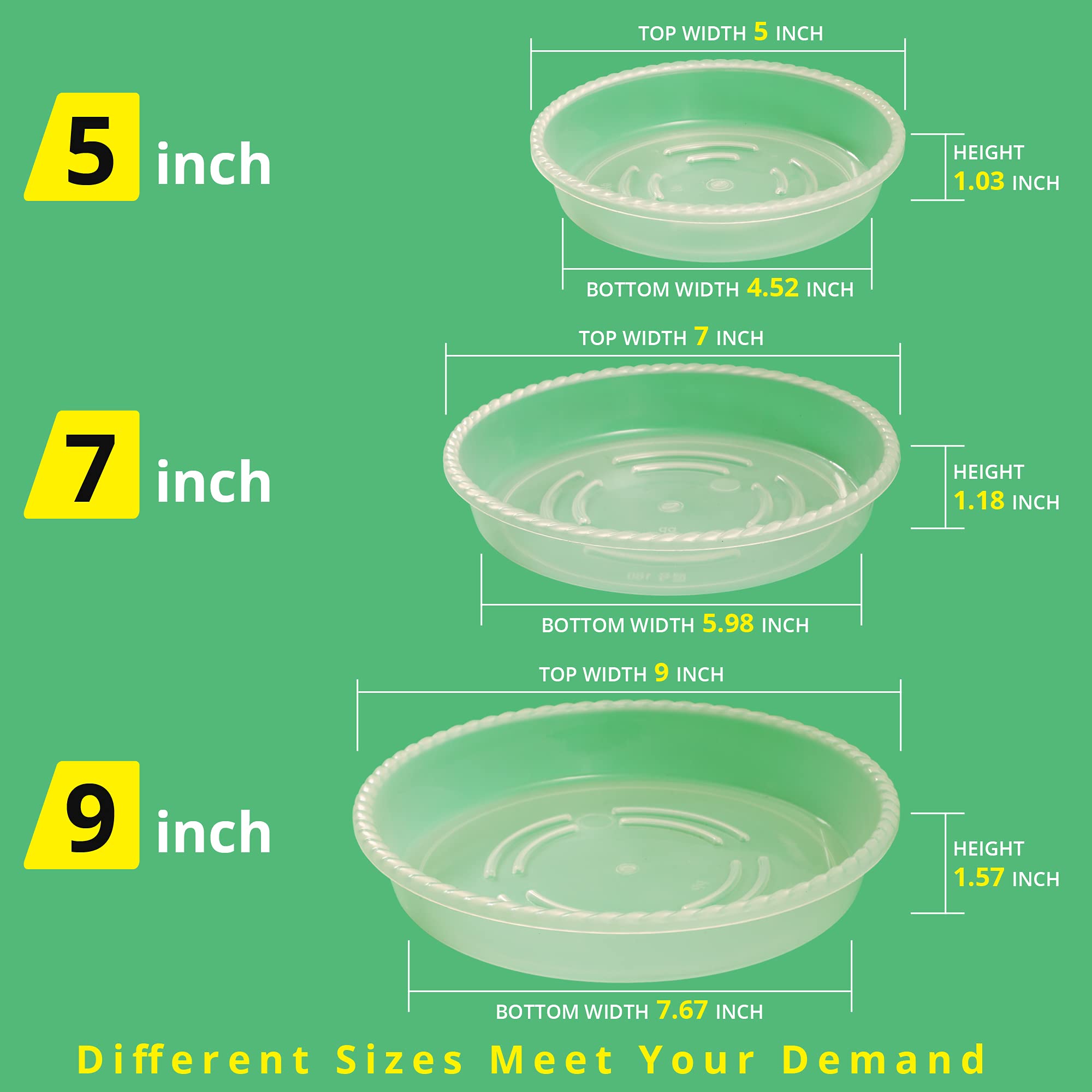 9 Pack of 5''& 7''& 9'' Clear Plant Saucer Drip Trays, Plant Tray for Pots & Plastic Plant Saucer,Made of Thicker & Stronger Plastic with Large Capacity Design (5 Inch x3+7 Inch x 3+9 Inch x 3)