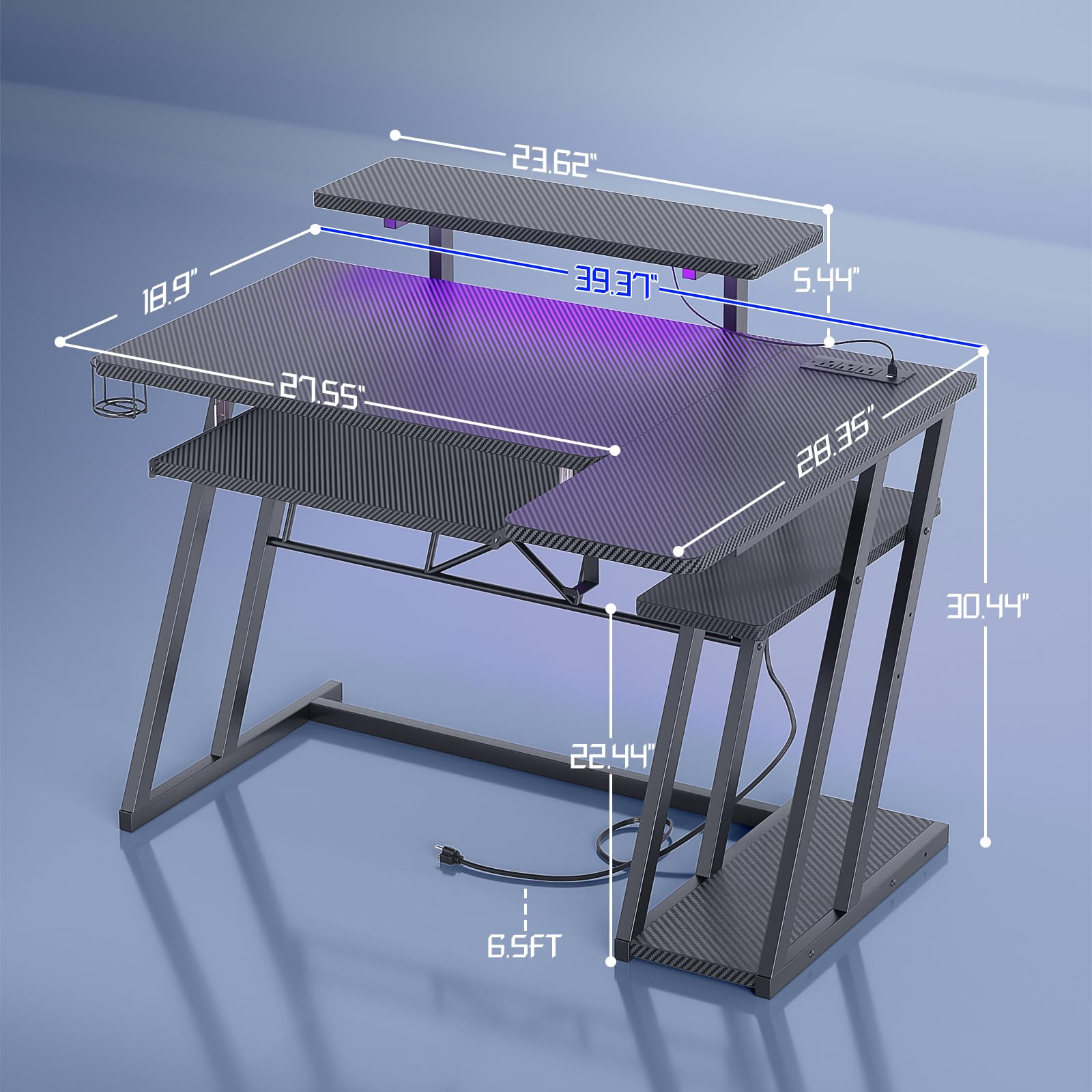 armocity Pink Gaming Desk with Power Outlets and LED Lights, Reversible L Shaped Gaming Desk with Shelves, 47"